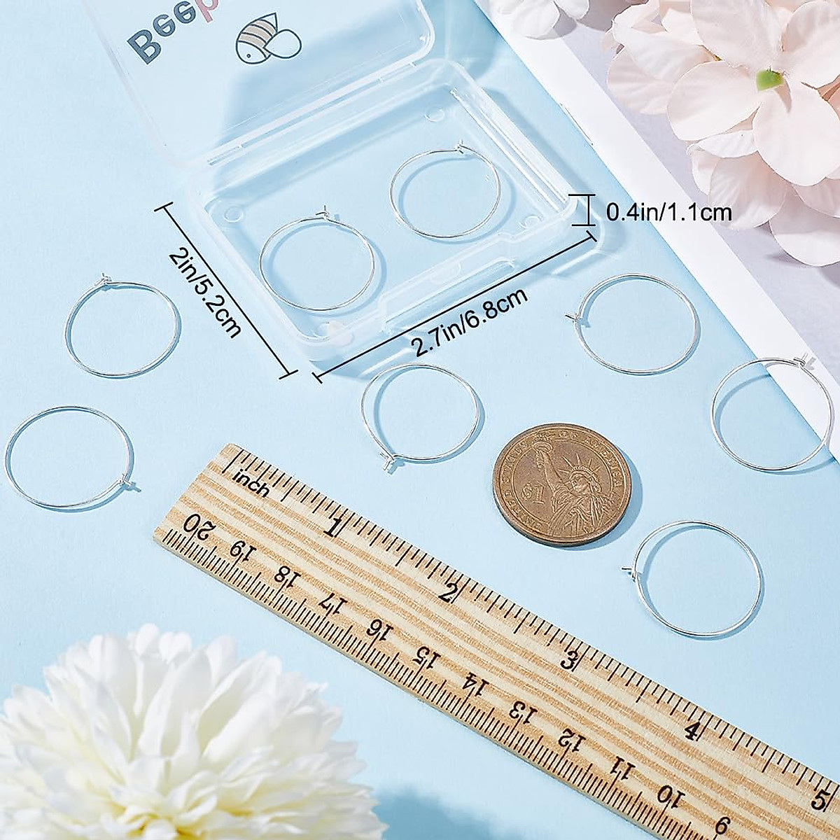 Beebeecraft 1 Box 8Pcs Beading Earring Hoops Sterling Silver Open Oval Round Wine Glass Charm Rings Earring Findings Supplies for Jewelry Making DIY Craft Kit