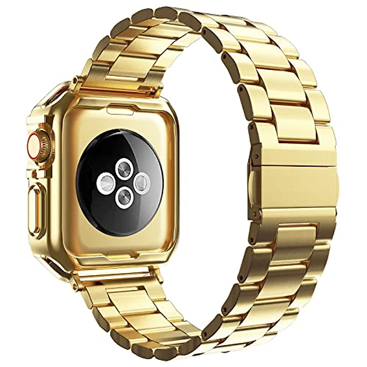 Compatible with Apple Watch Band and Case, Stainless Steel Metal Chain with TPU Cover, Smart-Watch Link Bracelet Strap, Wrist-Band for i-Watch Series 8 7 6 5 4 3 2 1 SE SE2, 45mm 44mm 42mm, Gold