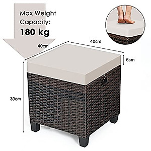 mayjooy 2-Piece Rattan Patio Ottoman, All Weather Wicker Ottoman w/Removable Cushion & Steel Frame, Outdoor Footstool Footrest Furniture (Brown) , 16”x16”x18