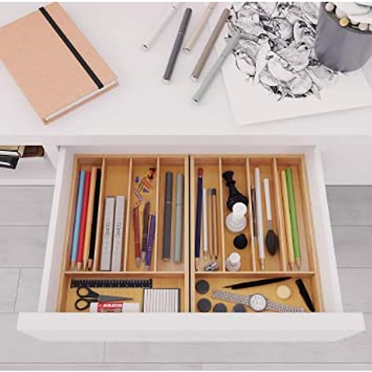 BAMEOS Utensil Drawer Organizer, Cutlery Tray Desk Drawer Organizer Silverware Holder Kitchen Knives Tray Drawer Organizer, 100% Pure Bamboo Cutlery in Natural Color (9.75)