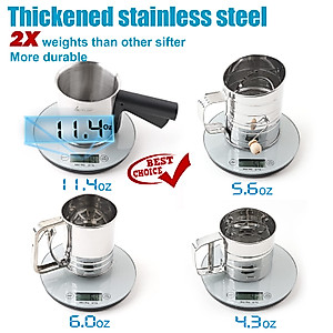Flour Sifter for Baking,3 cup Thickened Premium Stainless Steel Flour Sifter With Fine Mesh For Baking Cakes,Pastries,Pies,Bread and Desserts,Hand Press Squeeze Sieve/Ideal Gift for Baker-Wellsuit