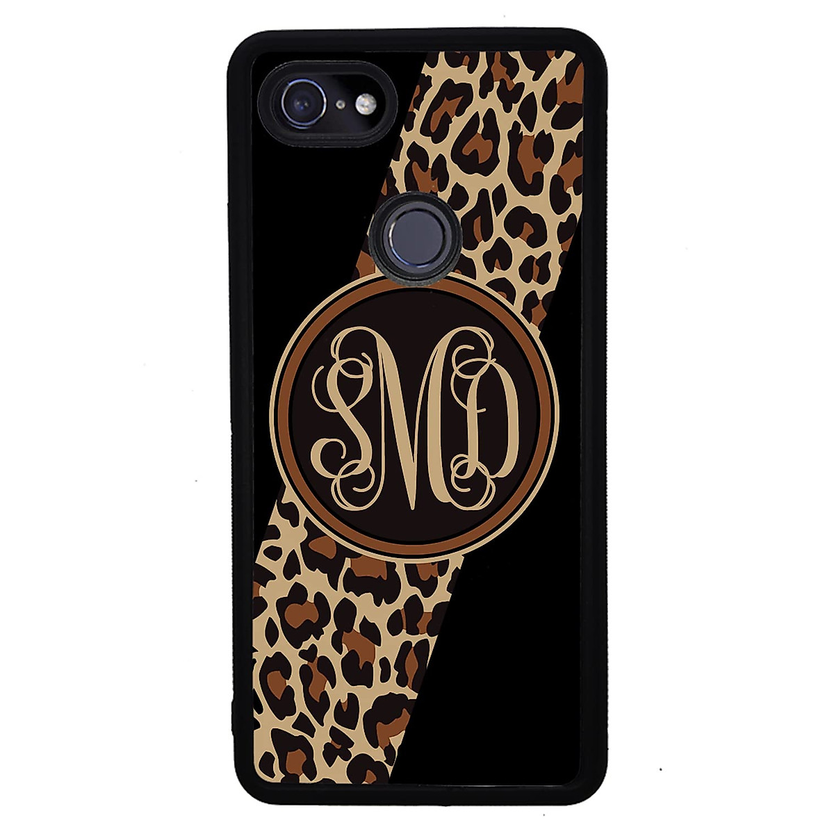 Leopard Animal Skin Script Monogram Black Rubber Phone Case Compatible With Google Pixel 8 Pro, 8a, 8, 7a, 7, Pixel 7 Pro, 6a, Pixel 6 Pro, 6, 5, 4a 5G, 4a 4G, 4, 4 XL, 3a, 3a XL, 3, 3 XL, 2 XL