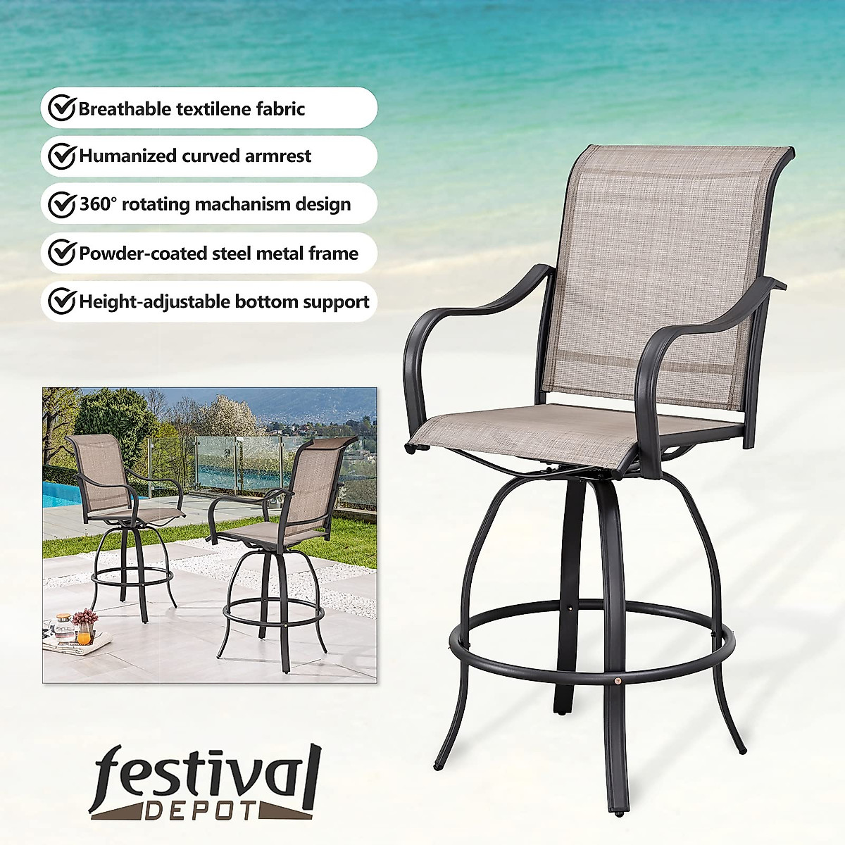 Sports Festival 2Pcs Patio Bar Stools with Armrest High Swivel Chairs with Textilene Fabric Metal Outdoor Furniture for Bistro Deck Lawn