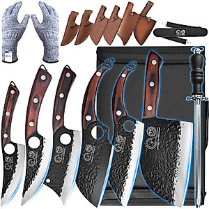 XYJ FULL TANG Camping Knives Set Chinese Butcher Vegetable Chef Knives Slice Boning Knives With Leather Sleeves&Roll Bag&Kitchen Tools
