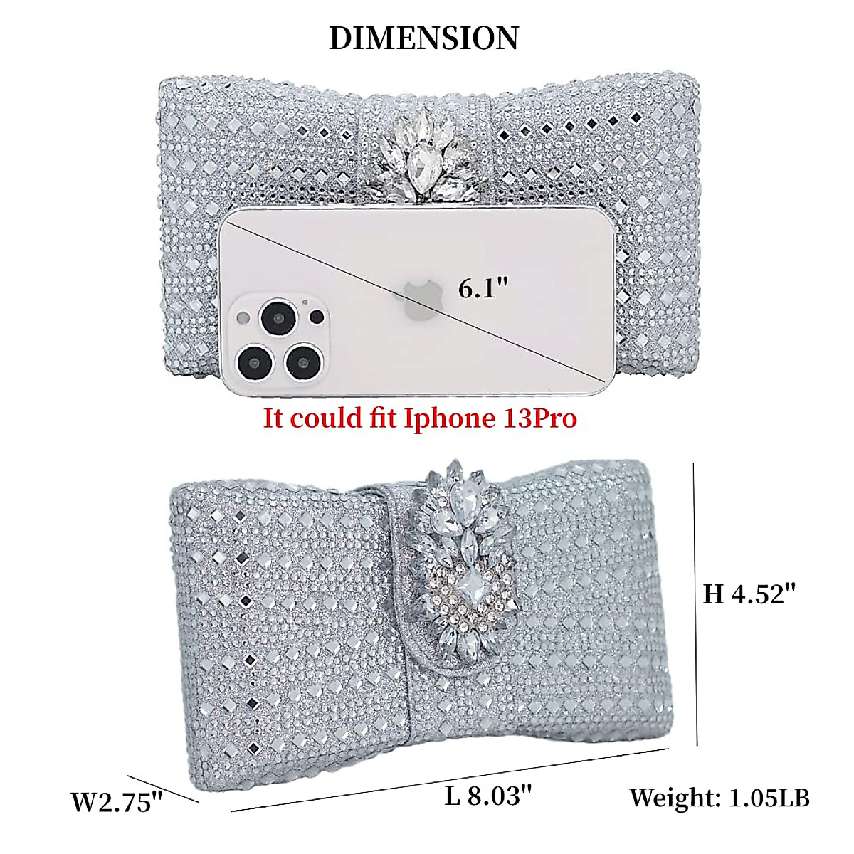 Chaliwini Bow Clutch With Rhinestone Silver Purses for Women Evening Bag Party Flower handbag (Silver)