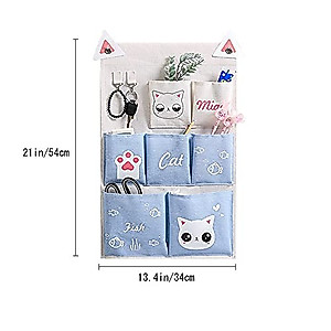 MIMOMA Wall Hanging Storage Bag,Over The Door Organizer Pocket,7 Pockets Premium Linen Fabric Pouches for Closet,Living Room,Bedroom,Bathroom (Cat)