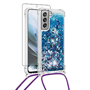 Asuwish Phone Case for Samsung Galaxy S21 FE 5G with Screen Protector and Crossbody Strap Bling Liquid Glitter Clear Slim Protective Cell Cover S 21 EF S21FE5G UW S21FE 21S G5 6.4 inch Women Blue