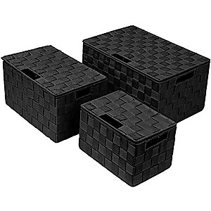 Sorbus Foldable Storage Cube Woven Basket Bin Set - Built-In Carry Handles - Great for Home Organization, Nursery, Playroom, Closet, Dorm, etc (Lid Bins - 3 Pack, Black)