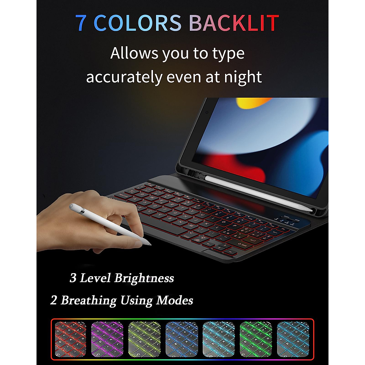 Keyboard Case for iPad 6th/5th Generation 9.7 inch, Slim Folio Smart Case with Pencil Holder for iPad Air 2, Rechargeable, Detachable Wireless Keyboard with 7 Color Backlit for iPad Pro 9.7 - Black