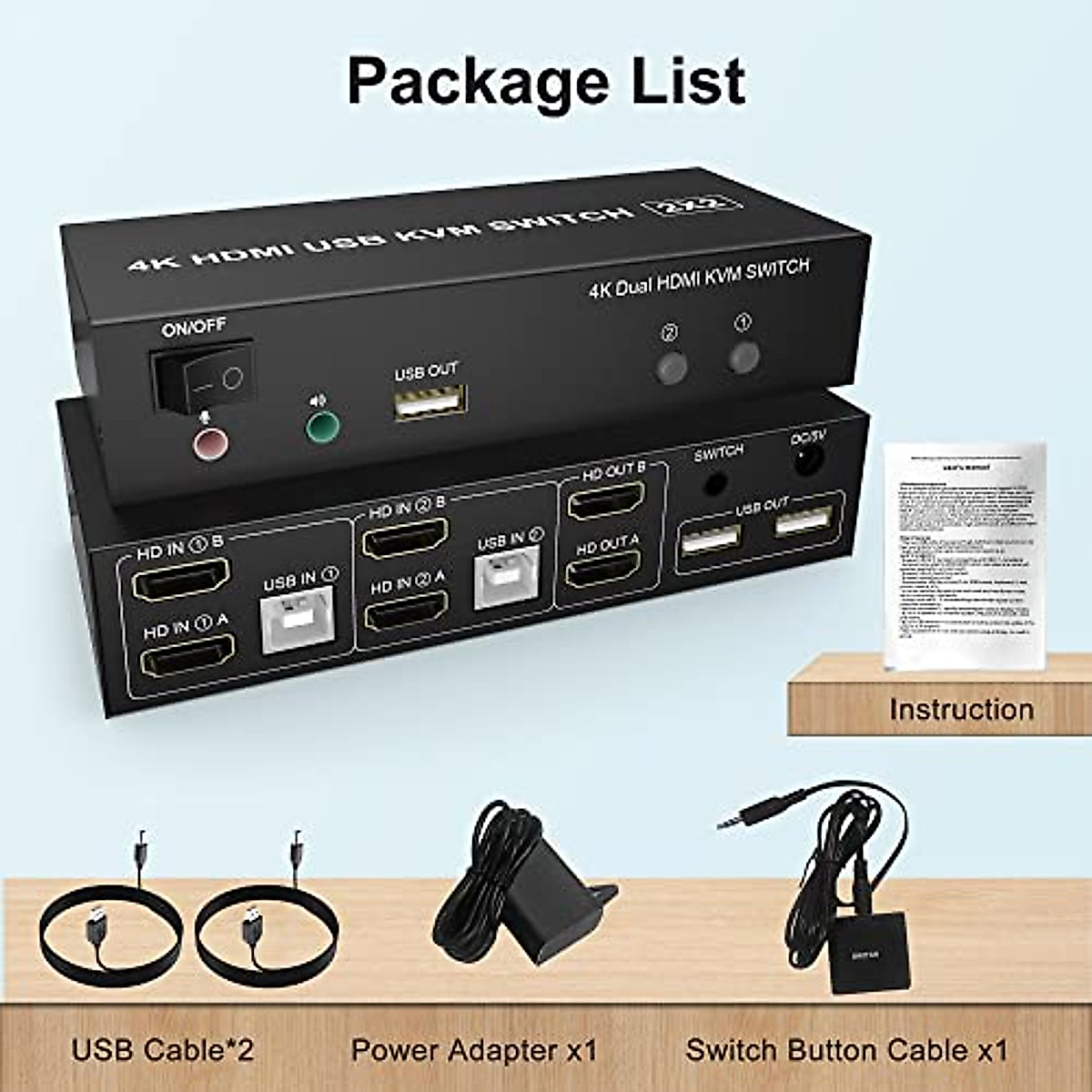 Dual Monitor KVM Switch HDMI 2 Port, 4K@60Hz Extended Display KVM Switch 2 Monitors 2 Computers with Audio Microphone Output and 3 USB Ports, PC Monitor Keyboard Mouse Switcher