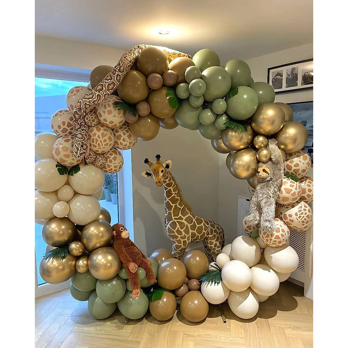 Safari Balloon Garland Arch Kit, 170pcs Sage Green White Sand Double Stuffed Brown Balloons with Animal Print Jungle Birthday Girl Baby Shower Wild One Decor for Giraffe Woodland Balloon Arch Kit