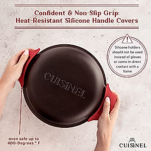 Cuisinel Cast Iron Dutch Oven - 5-Quart Deep Pot - Preseasoned 2-in-1 Multi-Cooker - Combo Lid Doubles as 10"-inch Skillet Frying Pan + Silicone Handle Covers + Scraper - Indoor/Outdoor Bread Cookware