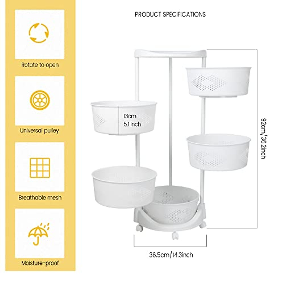 JELLYRATTBIT 5 Tier Fruit Vegetable Storage Basket, Multi-Layer Rotating Storage Shelf with Wheels, Floor-Standing Storage Rack for Kitchen Living Room Bedroom Bathroom, White