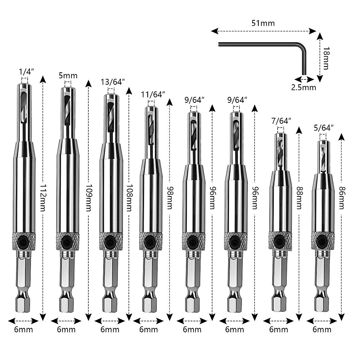Werkzeug Self Centering Hinge Tapper Core Drill Bit Set for Woodworking, Adjustable Door Window Drill Bits with 1 Hex Key & 8 Replacement Drill Bits (5/64 - 1/4 Inches), 16 Pieces
