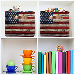 American Flag Wooden Patriotic Storage Basket Bin USA Flag 4th of July Large Fabric Toys Storage Box Cube with Handles Foldable Closet Shelf Cloth Organizer Baskets Decor for Shelves Nursery Bedroom