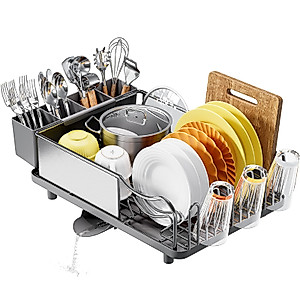 Urackify Dish Rack, 304 Stainless Steel Dish Drying Rack for Kitchen Counter, Dish Drainer with Cutlery Holder for Large Capacity, Dish Drying Rack with drip Tray, Grey