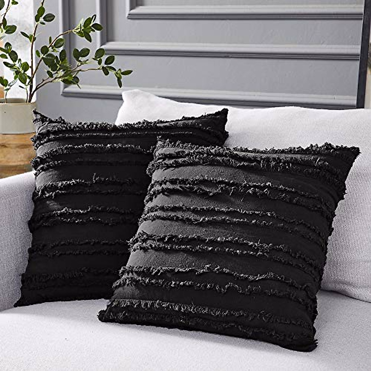 Longhui bedding Black Throw Pillow Covers for Couch Sofa Bed, Cotton Linen Decorative Pillows Cushion Covers, 18 x 18 inches, Set of 2, No Inserts
