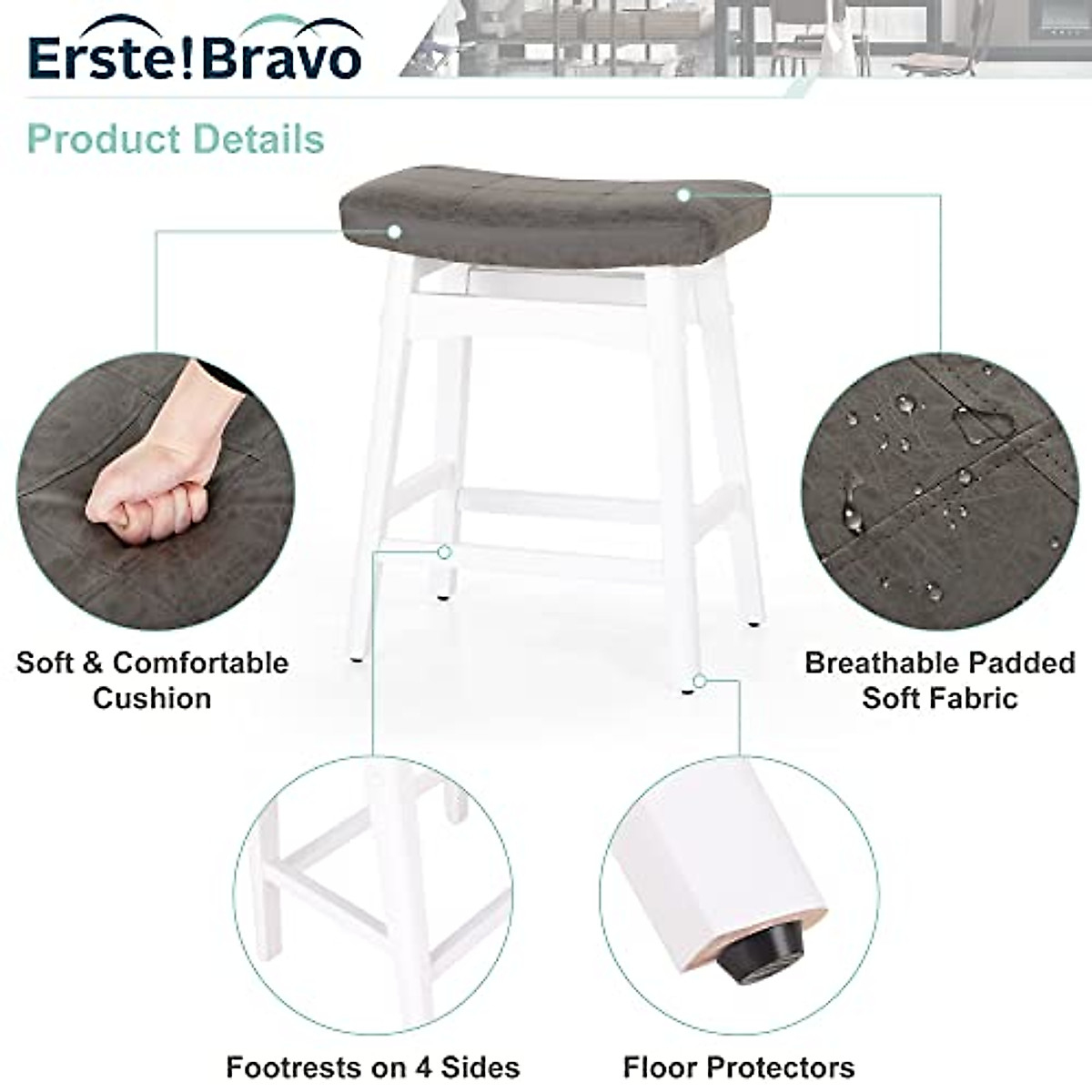 Erste!Bravo White Solid Wood Bar Stools Set of 2 for Kitchen Counter Height Barstools with Faux Leather Saddle Seat Farmhouse Upholstered Stools for 34"-38" Counter Island, Grey Cushion & White Legs