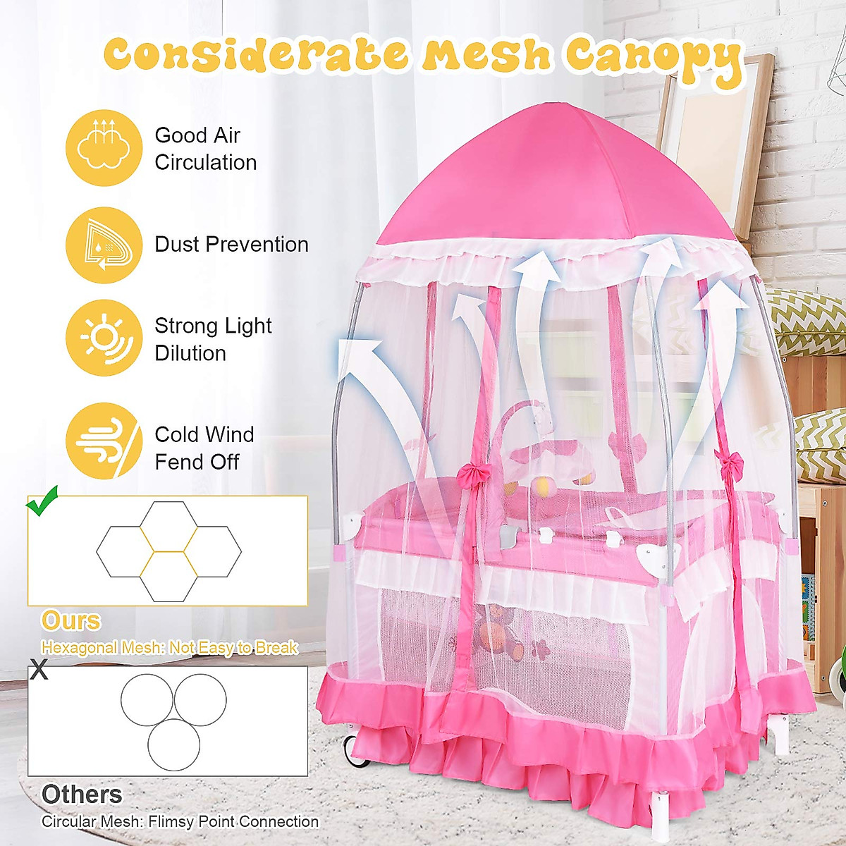 INFANS 4 in 1 Pack and Play, Portable Nursery Center Playard with Bassinet, Adjustable Canopy, Mattress, Diaper Changer, Carry Bag, Whirling Toys Music Box for Baby Boy Girl (Pink)
