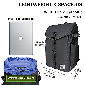 Rangeland Drawstring Flap Backpack Rucksack Lightweight Travel Laptop Backpack Carry-on Daypack 17L School Commute Gym Sport, All Black
