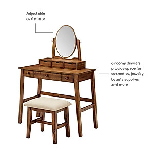 Linon Iris Wood Vanity & Padded Stool Set Oval Mirror 5 Drawers in Walnut Brown