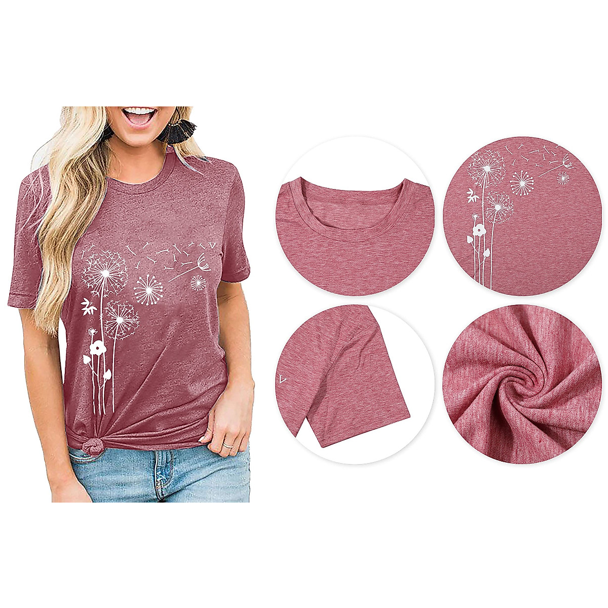 Dandelion Shirt Women Faith Graphic Shirts Make A Wish Vintage Tee Wildflower Short Sleeve Tops（Pink, X- Large