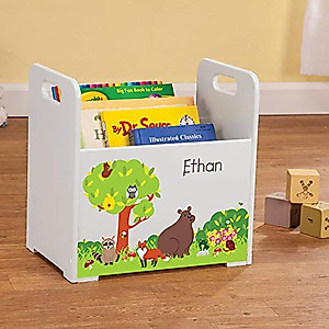 Fox Valley Traders Personalized Kids Wooden Book Caddy, Customized Children’s Book Storage Bin, Woodland Animals Design