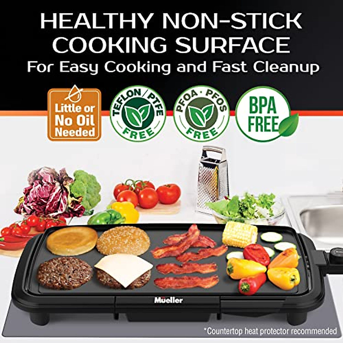 Mueller HealthyBites Eco Nonstick 20 Inch Electric Griddle Teflon-free, 10 Eggs at Once, Cool-Touch Handles and Slide-Out Drip Tray, for Breakfast Pancakes, Burgers, Eggs, Black