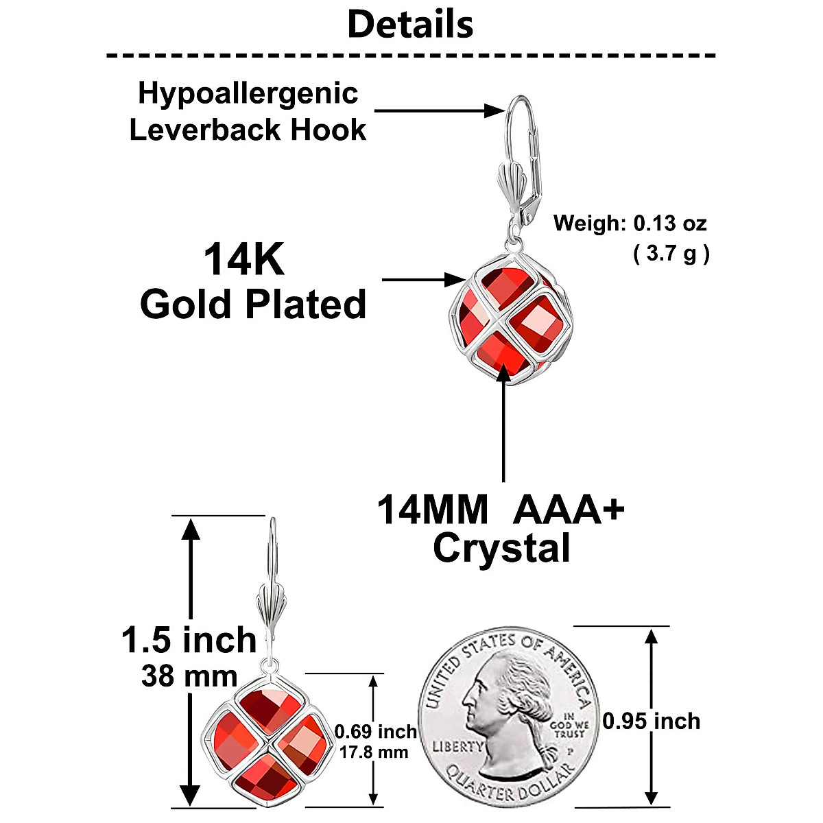 Big Dark Red Crystal Dangle Earrings for Women (Jan-Garnet-14K Gold)