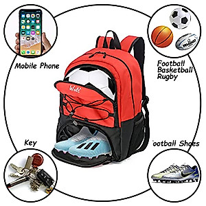 WOLT | Youth Soccer Bag - Soccer Backpack & Bags for Basketball, Volleyball & Football Sports, Includes Separate Cleat Shoe and Ball Compartment, fit to Youth & Adult (Red)