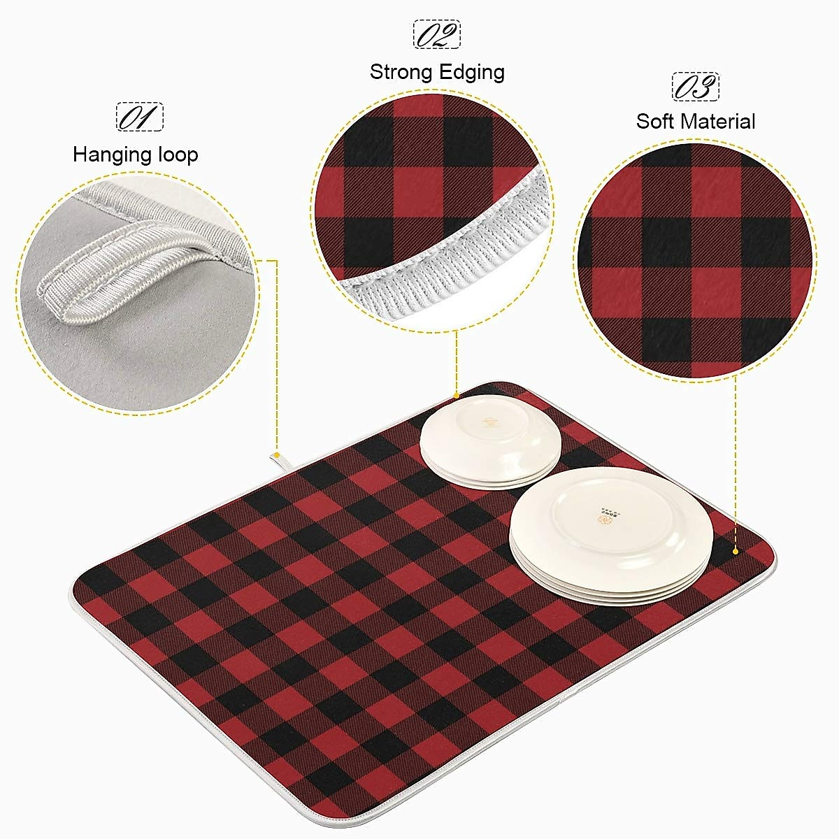 Red and Black Buffalo Plaid Dish Drying Mat 16x18 for Kitchen Merry Christmas Winter Xmas Dishes Pad Dish Drainer Rack Mats Absorbent Fast Dry Kitchen Accessories