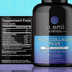 DR. EMIL NUTRITION Multi Collagen Pills - 180 Capsules - Collagen Supplements to Support Hair, Skin, Nails, & Joints - Hydrolyzed Collagen Supplements for Women with Types I, II, III, V & X