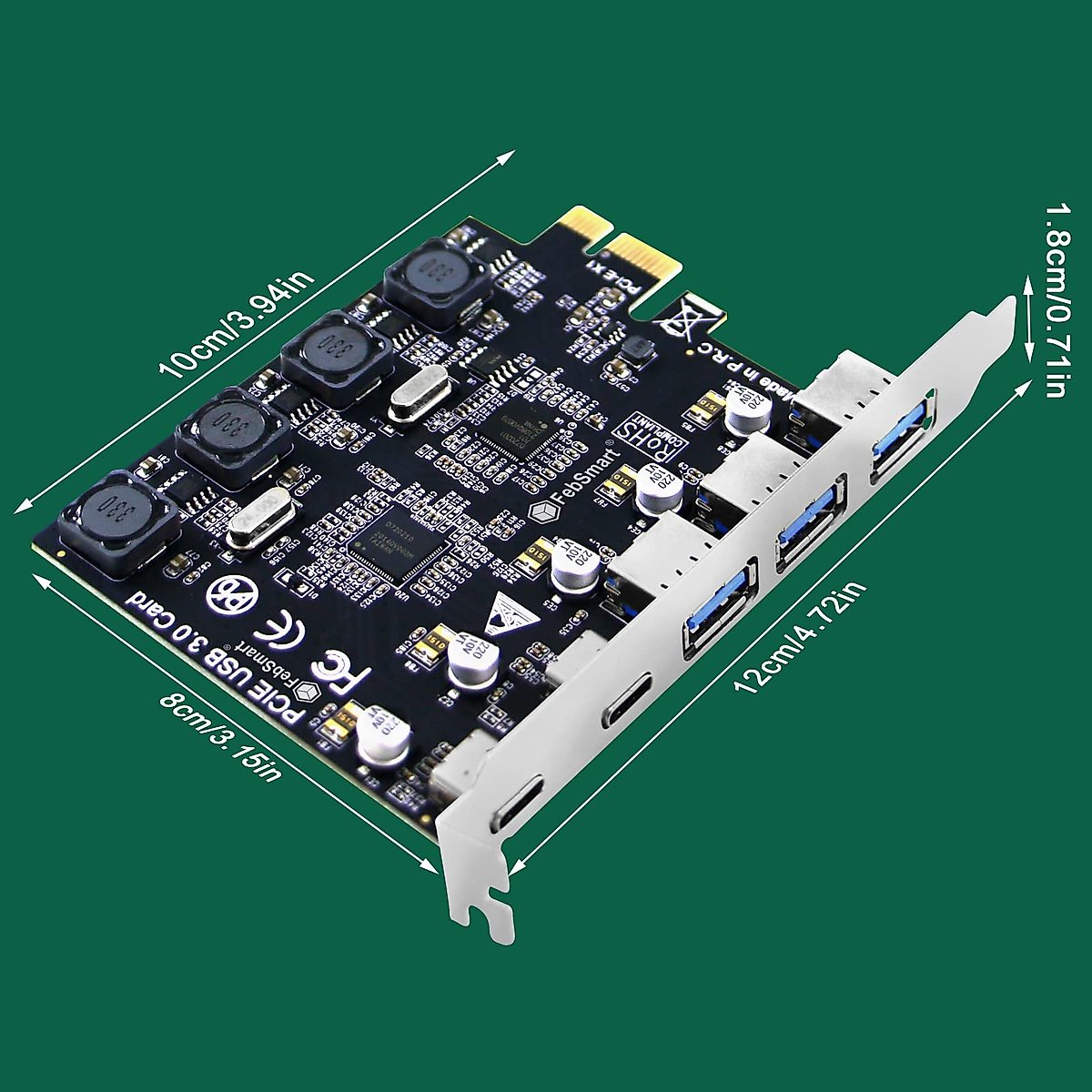 FebSmart 5-Ports Superspeed 5Gbps USB 3.0 PCIE USB Card for Windows and Linux Desktop PCs, 3X USB-A & 2X USB-C Ports, Built in Self-Powered Technology, No Need Additional Power Supply (FS-U3C2-Pro)