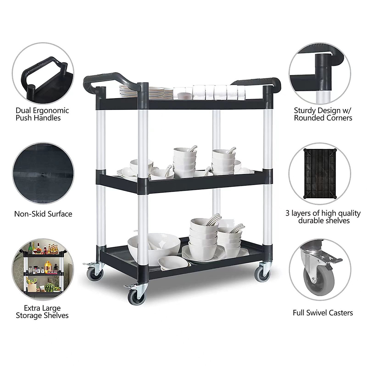 IMGZAR Utility Carts with Wheels Rolling Cart Heavy Duty Food Service Cart for Kitchen Warehouse Office, Free Rubber Hammer, Lockable Wheels, 500 Lbs Capacity 31.5''L X 17''W X 38''H Black