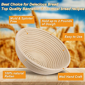 Round Bread Proofing Basket Set of 2, 8" and 9" Natural Rattan Banneton Round Sourdough Baking Bowls with Multi Baking Tools for Professional and Home Bakers