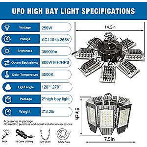 Fucoda 250W LED High Bay Light 35,000LM Industrial Commercial LED Shop Light with 5’ Cables Plug High Bay LED Lights for Commercial Warehouse Workshop Garage Factory Barn Low Bay Area Light- 2 Pack