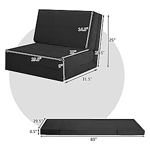 COSTWAY Convertible Flip Chair, 5-Position Adjustable Triple Fold Down Sofa Bed, Steel Frame, Soft Suede Fabric, Upholstered Floor Sleeper Dorm Game Bed for Living Room, Bedroom, Guest Room (Black)