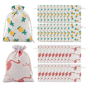 40 Pcs Hawaiian Drawstring Favor Bags- 2 Styles Natural Burlap Pouches Drawstring Gift Treat Bags for Birthday Wedding Summer Beach Luau Tropical Party Favors(Pineapple+ Flamingo, 20pcs Each Style)