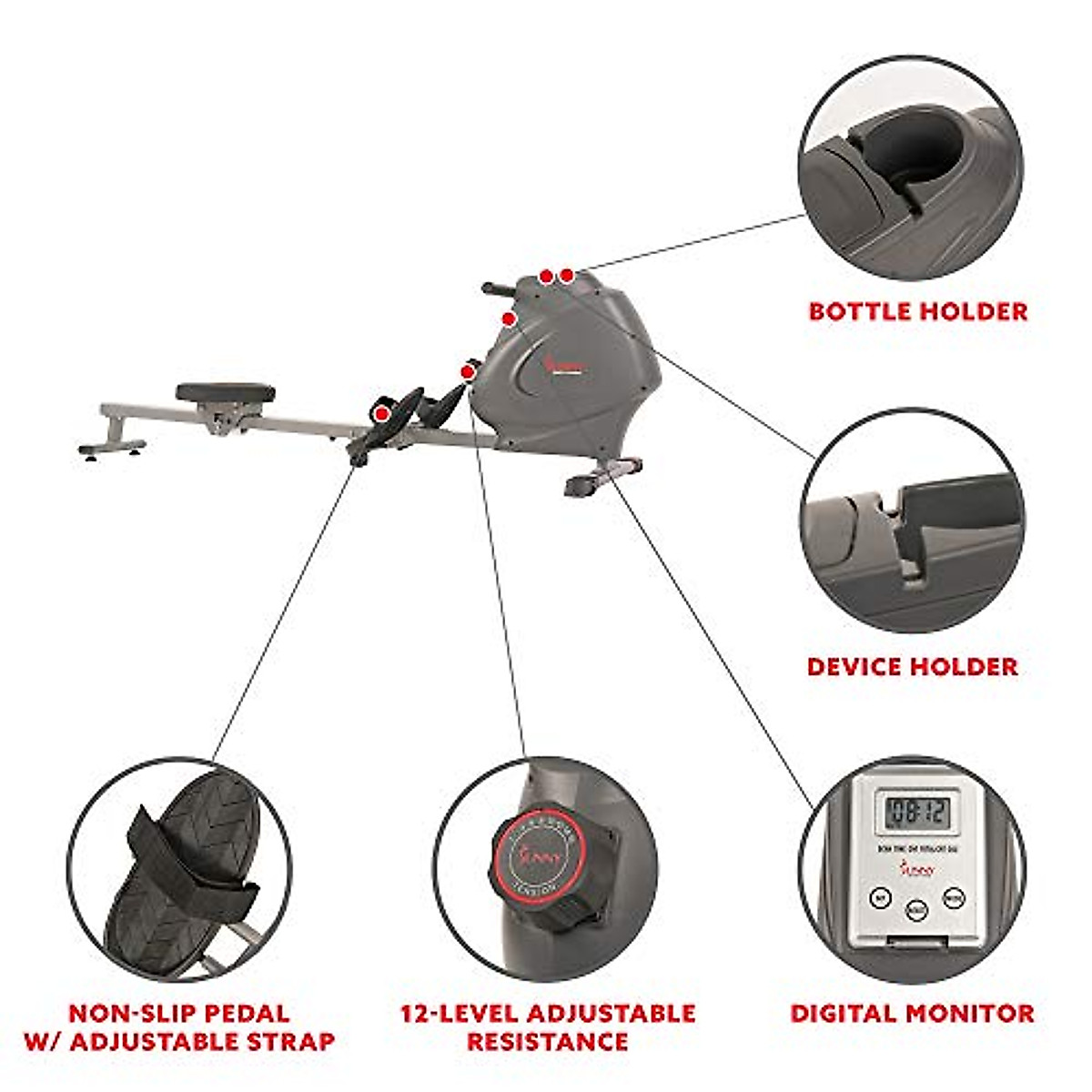 Sunny Health & Fitness Compact Folding Magnetic Rowing Machine with LCD Monitor, Bottle Holder, 43 Inch Slide Rail, 285 LB Max Weight - Synergy Power Motion - SF-RW5801, Gray