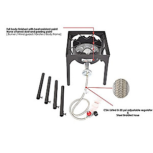 COOKAMP High Pressure Propane Burner Banjo Single Wok Burner with Adjustable Height. 0-20 PSI Adjustable Regulator and Steel Braided Hose SA1550