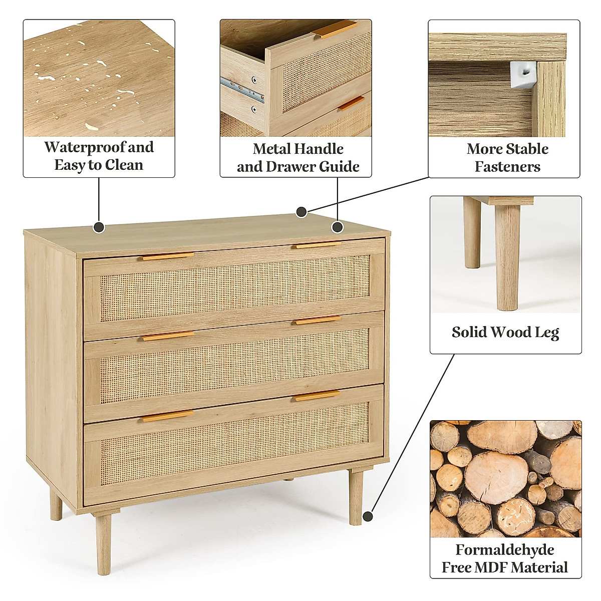 HOPUBUY 3 Drawer Dresser for Bedroom, Oak Rattan Dresser Closet Dressers Chest of Drawers, Light Wood Dresser 3 Drawer Storage Chest for Bedroom, Hallway, Living Room