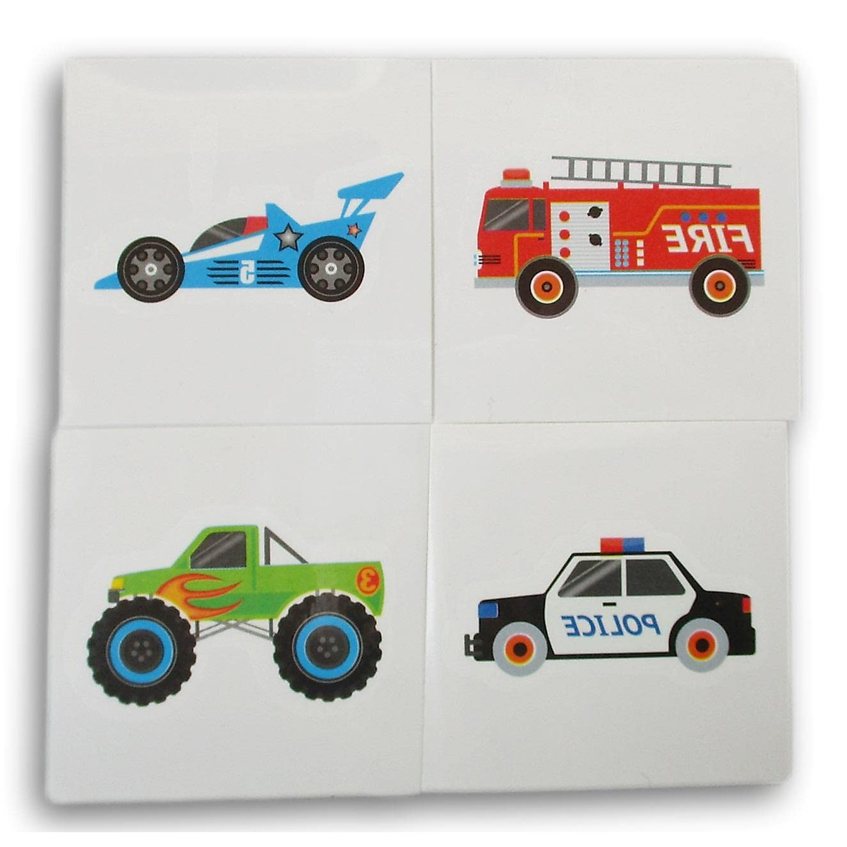 Party Supply Cars and Trucks Party Favors - Temporary Tattoos - Monster Truck, Racecar, Fire Truck, Police Car - 24 Cute Square Tattoos