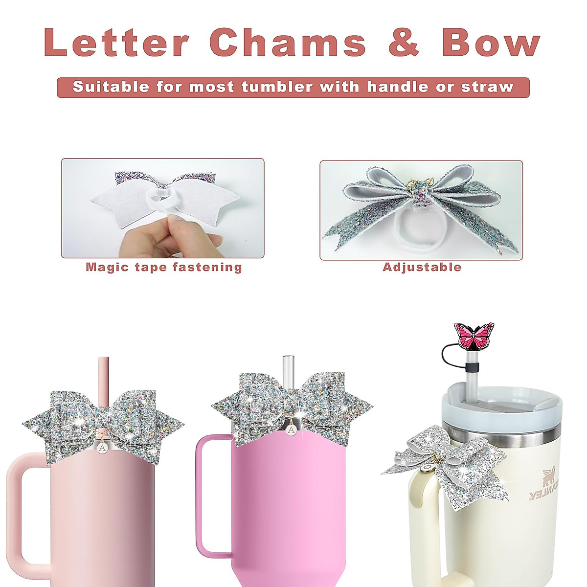 MOVOLIVI Stanley Charms Accessories, 2 Set Straw Cover, Letter Charms and Handle Bow for Stanley Tumbler, Cup Decorations with Initial Name ID for Stanley Simple Modern (S)