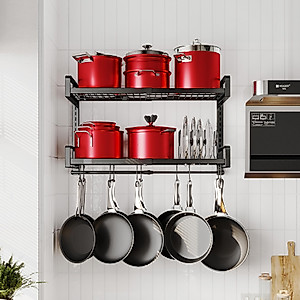 30" Expandable Hanging Pot Rack, 2 Tier Adjustable Pot and Pan Rack for Kitchen Organizers and Storage, Heavy Duty Pot and Pan Organizer, Wall Mounted Pot Lid Organizer for Pots and Pans with 10 Hooks