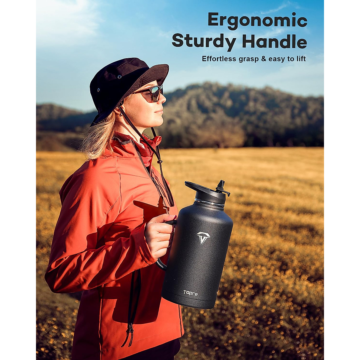 Topre Half Gallon Water Bottle with Straw and Lid, 64 oz Insulated Stainless Steel Jug with Handle,Reusable Metal Travel Flask Mug Cup With Carry Pouch and Brush,Keep Cold & Hot,Black