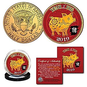 2019 Chinese New Year of The Pig 24K Gold Plated JFK Kennedy Half Dollar US Coin