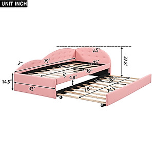 Acosure Twin Size PU Upholstered Tufted Daybed with Trundle and Cloud Shaped Guardrail,Wood Sofa Bed Frame,Full Pull Out Bed for Bedroom,Livingroom,Pink