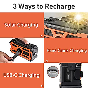 [5000mAh Waterproof] Raddy SW5 Emergency Radio, IPX5 Rechargeable Battery Hand Crank Solar Power Bank, with NOAA Weather Alert AM FM, Flashlight Compass for Power Outage Hurricane Outdoor