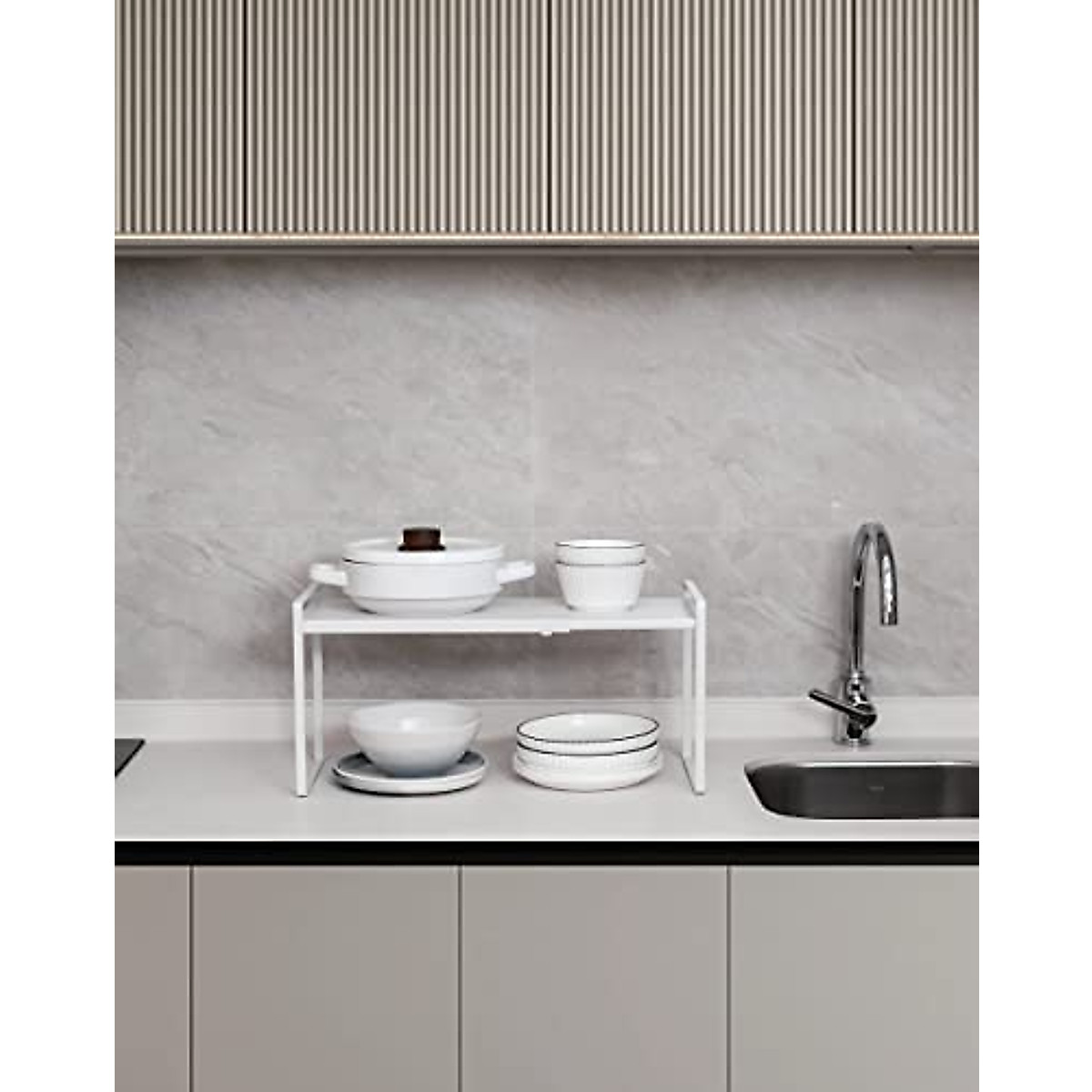 Nxconsu Expandable Cabinet Shelf Organizer Storage Rack Shelf Riser for Kitchen Pantry Cupboard Bathroom Under Sink Counter Countertop Desk Space Saver Freestanding Stackable Heavy Duty White Large