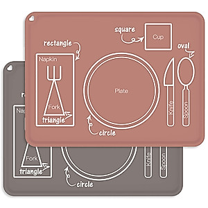 Kids Placemats, Silicone Baby Montessori Placemats for Kids Toddler Children Reusable Non-Slip Table Dining Mats for Restaurant, 2 Pack,Darkgrey&MistyRed